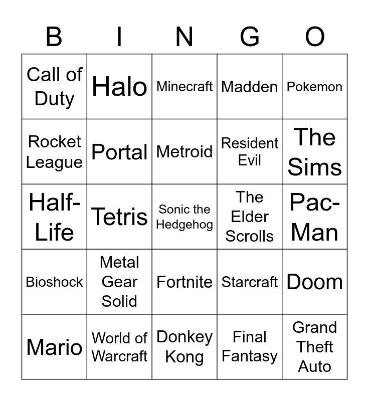 Most Popular Video Games Bingo Card Most Popular Video Games Bingo Card