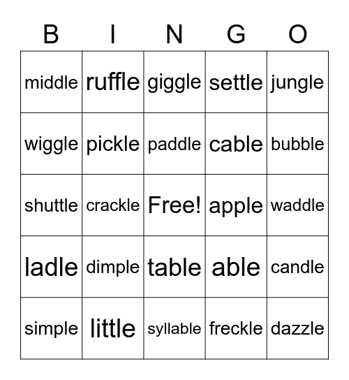 Final Stable Syllable Bingo Card
