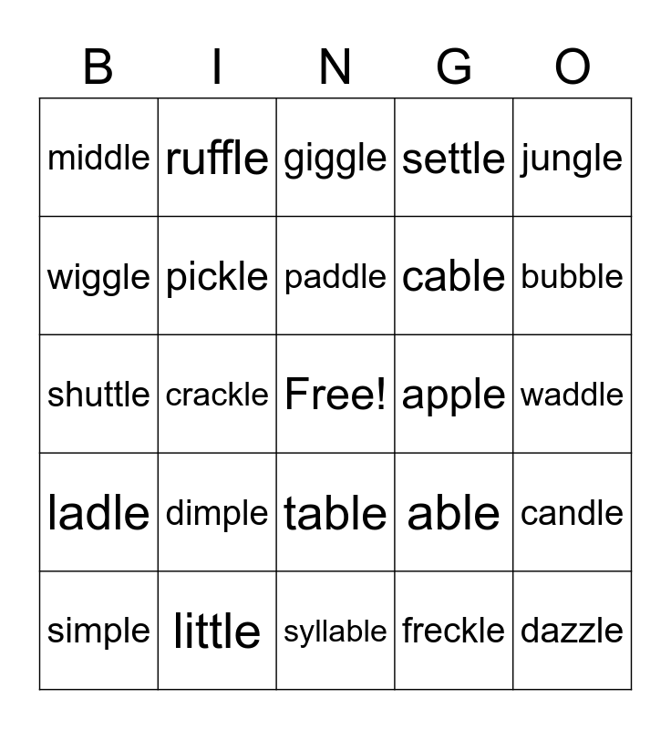 Final Stable Syllable Bingo Card