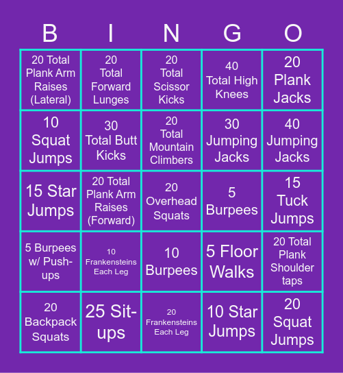Fitness Bingo Card