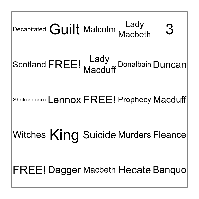 Macbeth Bingo Bingo Card
