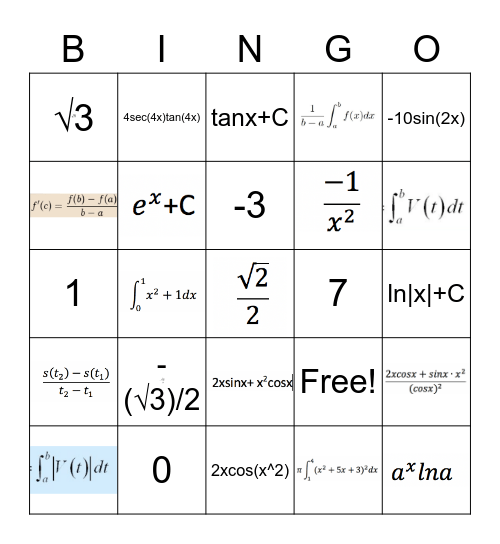 Calculus Formulas Bingo Card
