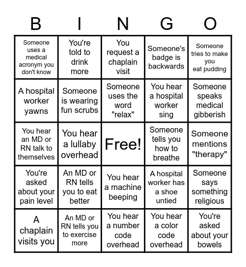 Hospital Bingo Card Hospital Bingo Card