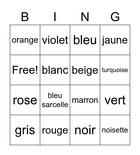 Les couleurs Bingo Card