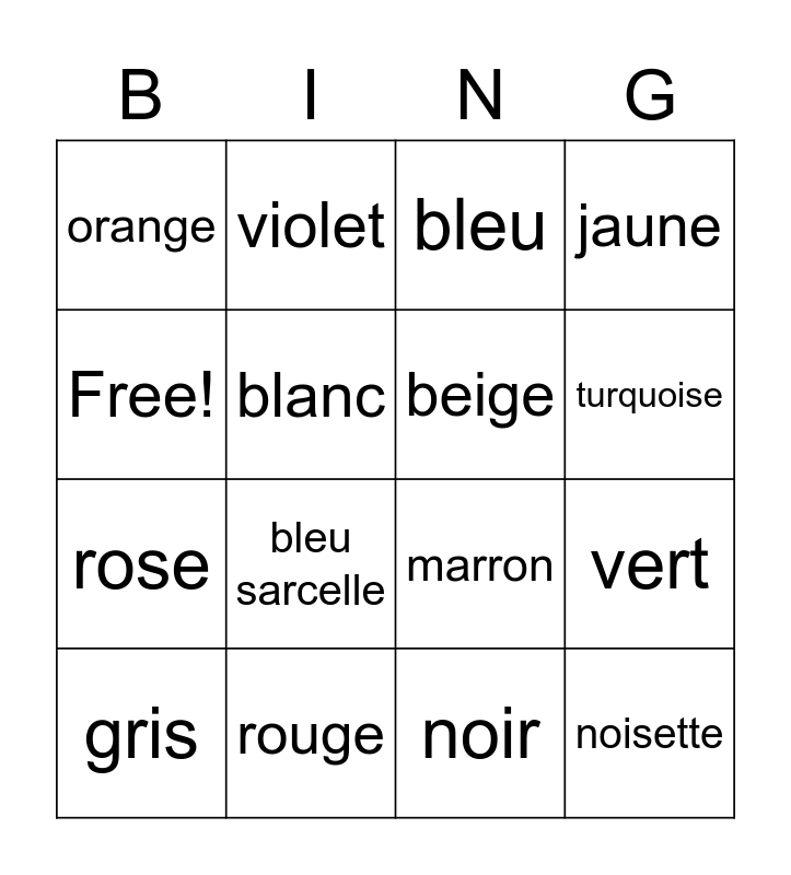 Les couleurs Bingo Card