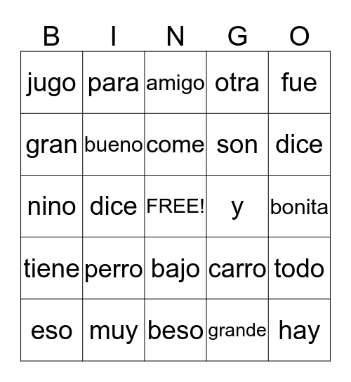 Palabras de Alta Frecuencia Bingo Card