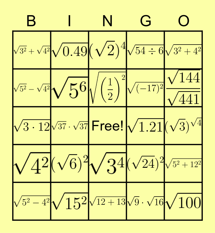 SQUARE ROOT ... Bingo Card