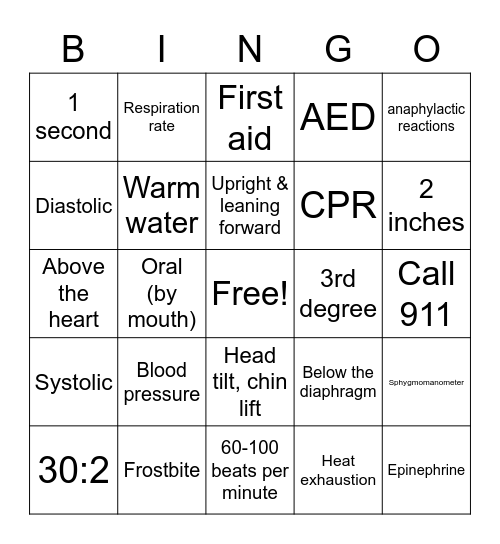 Vital Signs, First Aid, and CPR Bingo Card