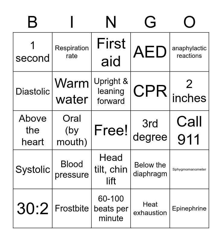 Vital Signs, First Aid, and CPR Bingo Card