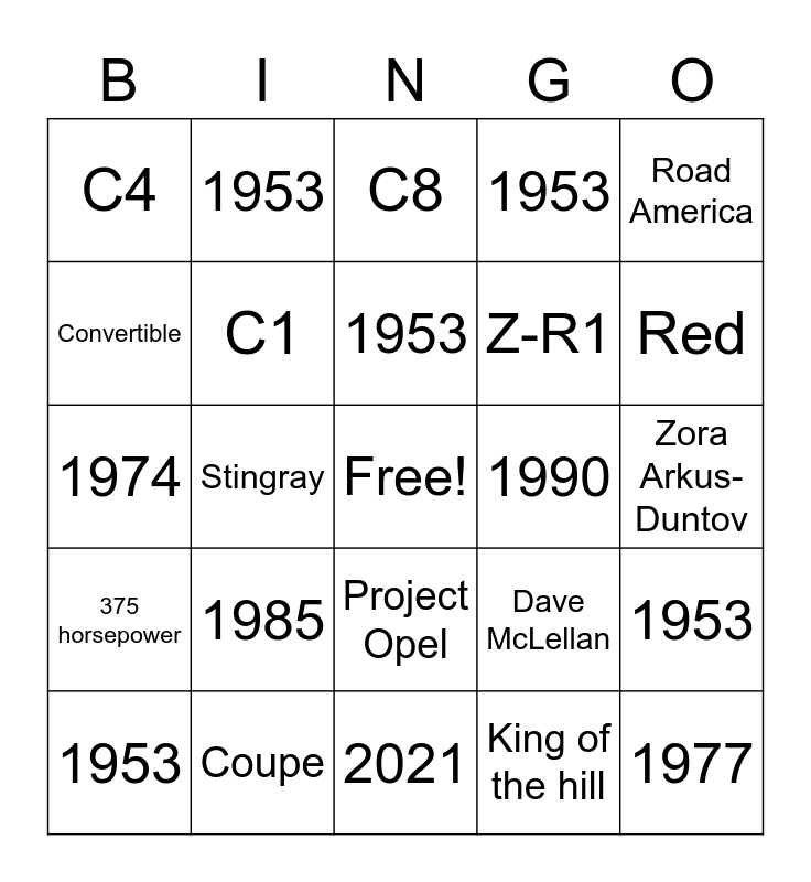 Corvette Bingo Card