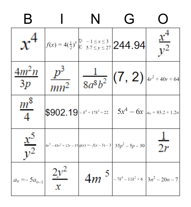 STAAR Properties of Exponents & Polynomials Bingo Card
