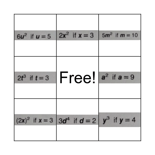 Evaluating Algebraic Expressions BINGO Card