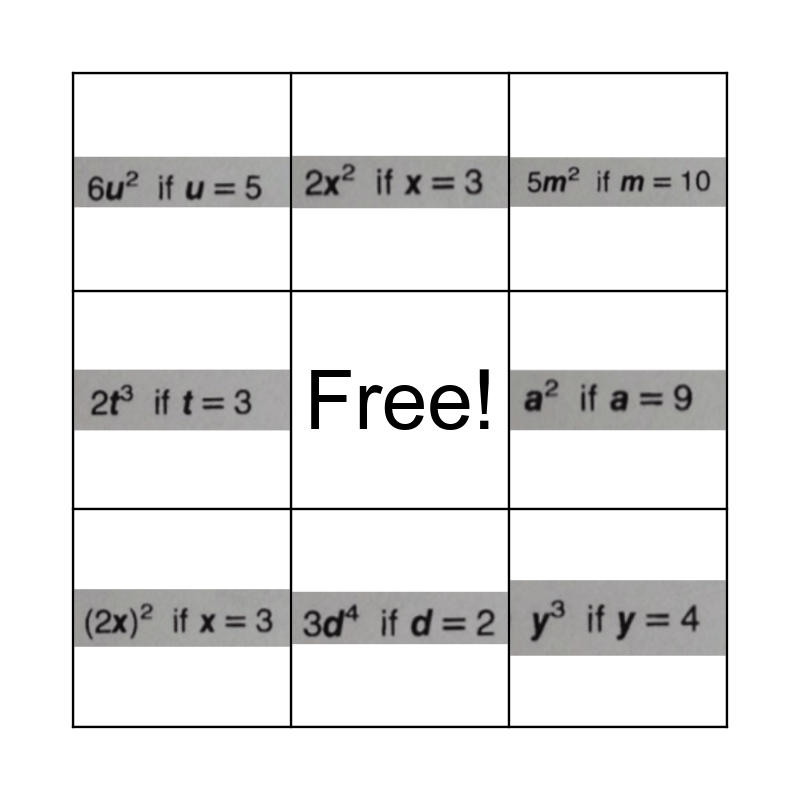 Evaluating Algebraic Expressions BINGO Card