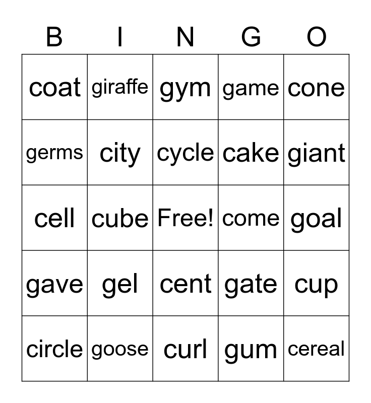 Soft and Hard Sounds of c and g Bingo Card