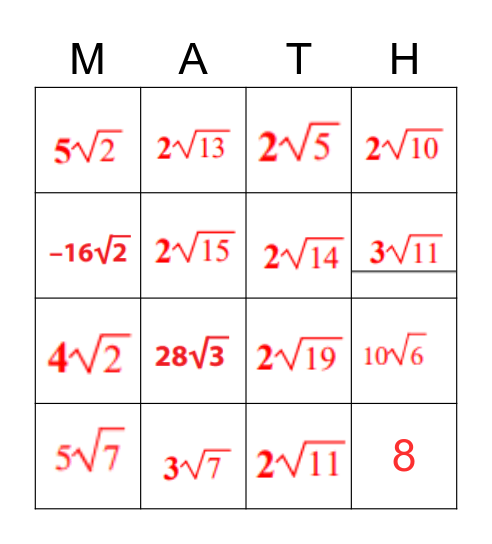Simplifying radicals Bingo Card