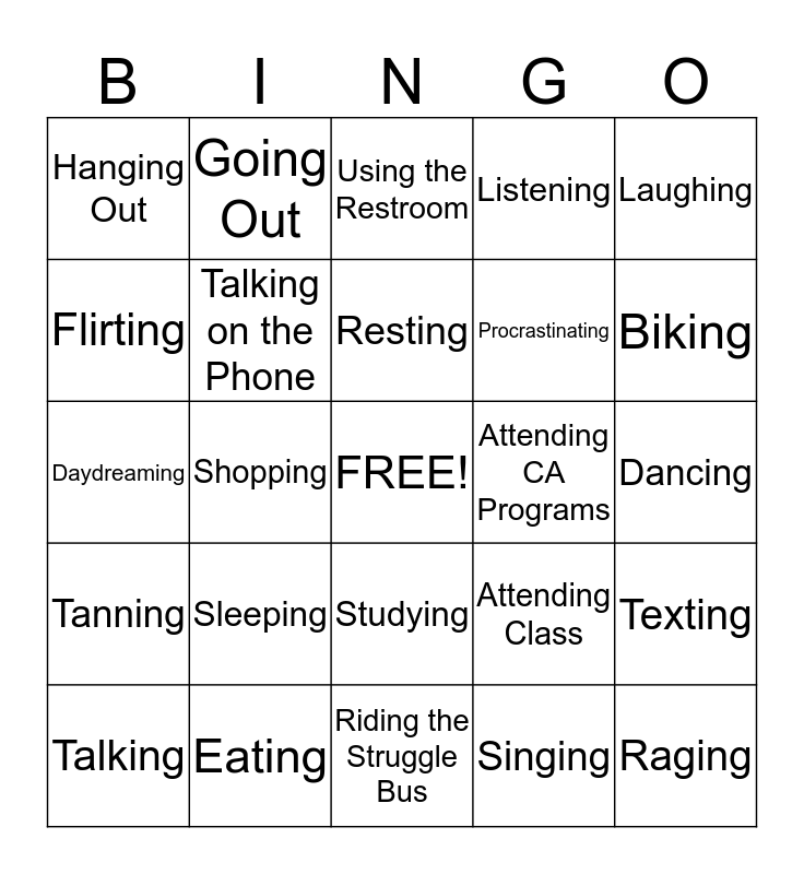 College Student Activities Bingo Card