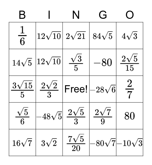 Multiplying & Dividing Radicals Bingo Card