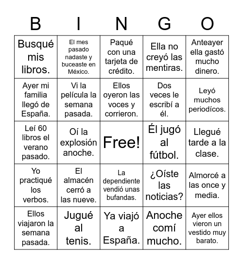 El Pretérito Bingo Card