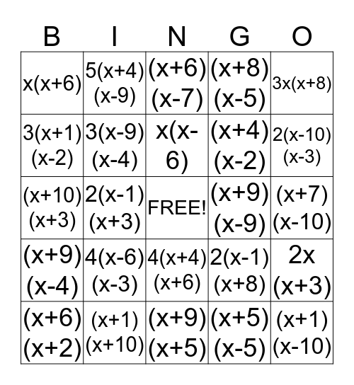 Factoring Bingo Card