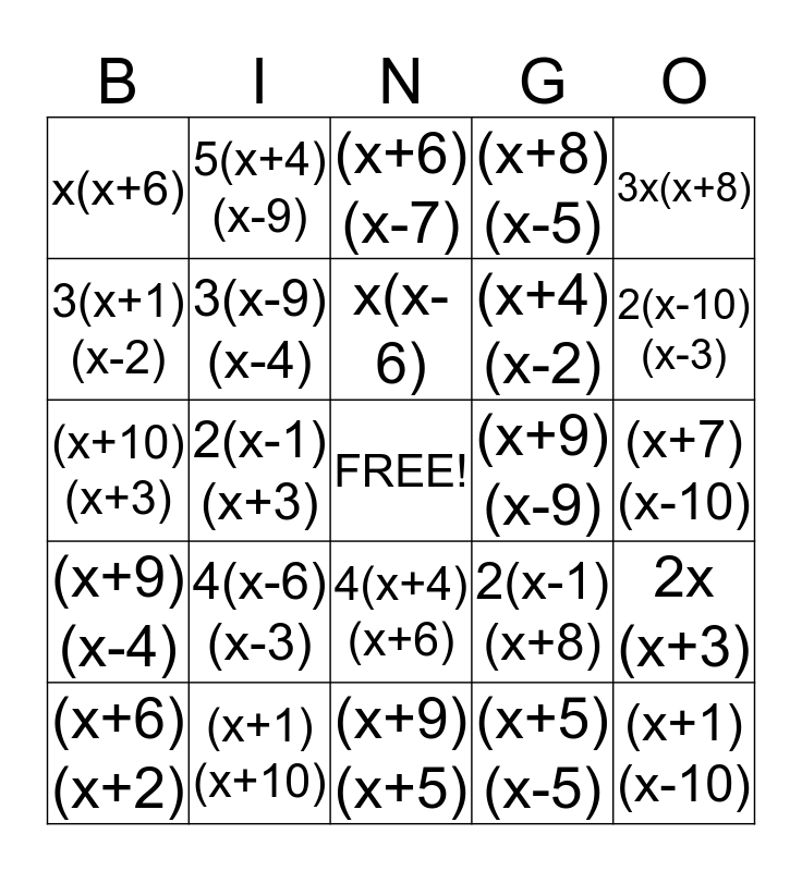 Factoring Bingo Card