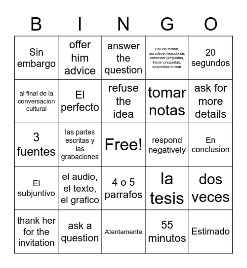 AP Spanish- Repaso Bingo Card