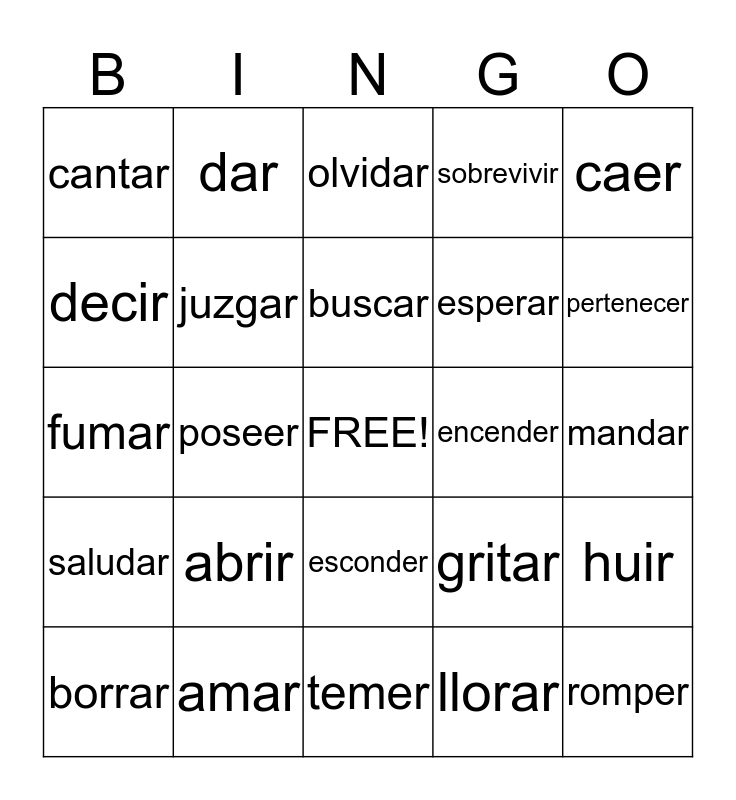 verbos Bingo Card