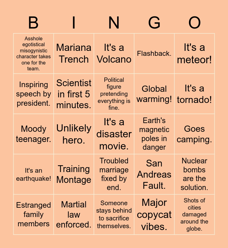 Disaster Movie Bingo Card