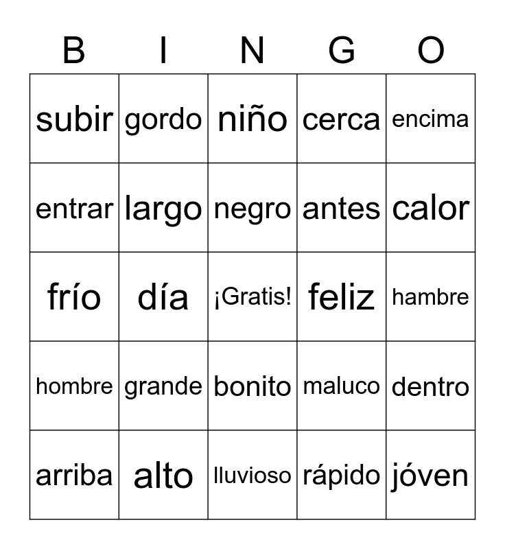 Bingo -Opuestos Bingo Card