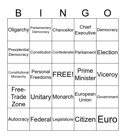 Civics-Government Vocabulary Review Bingo Card
