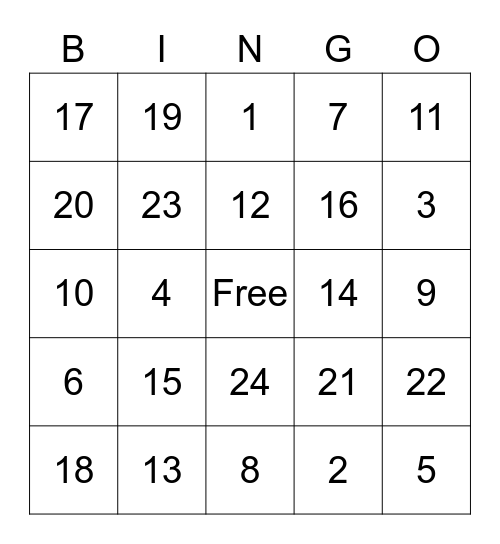 Teen Numbers Bingo Card