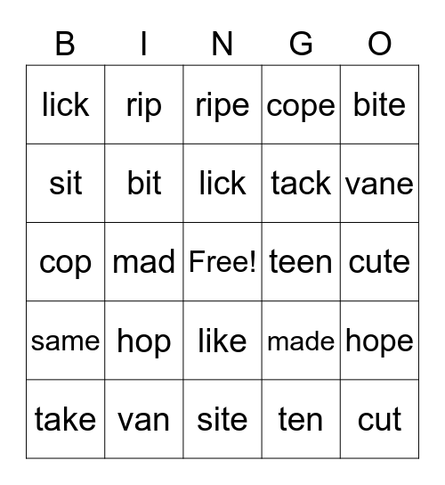 Short and Long Vowel Bingo Card