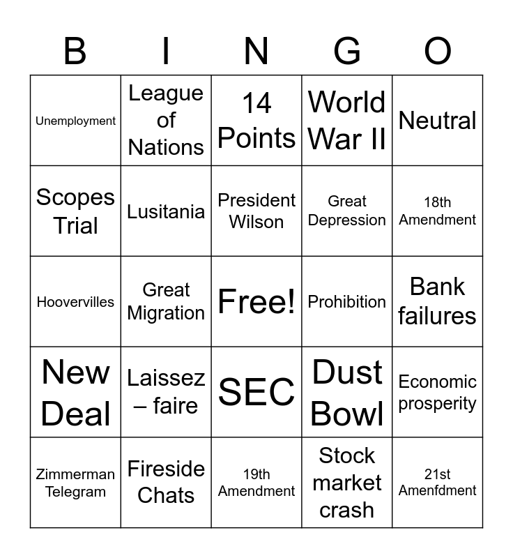 WWI, Roaring 20s and the Great Depression Bingo Card