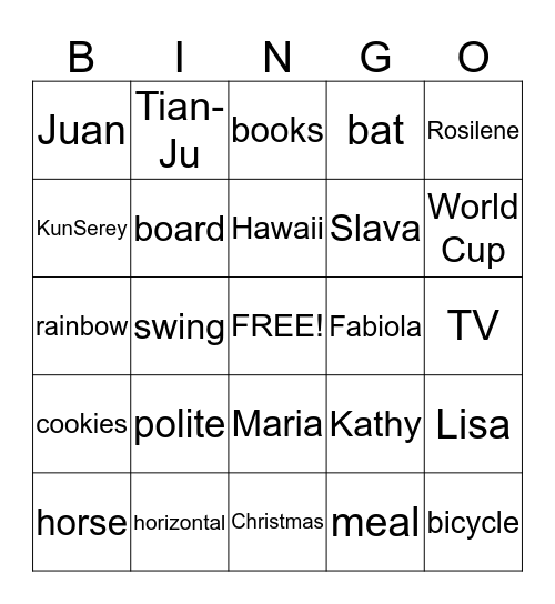 Our Class Bingo Card
