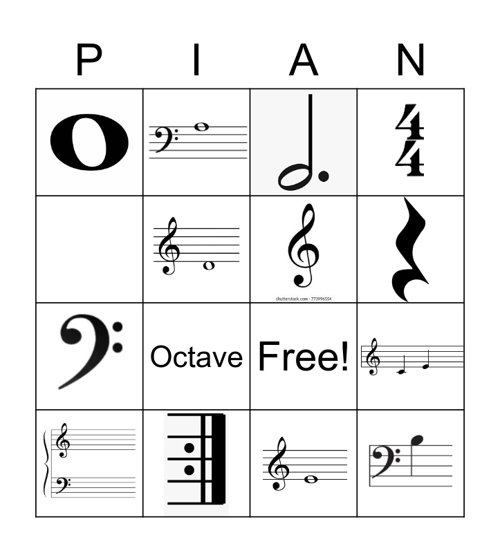 Piano Review Primer Level Bingo Card