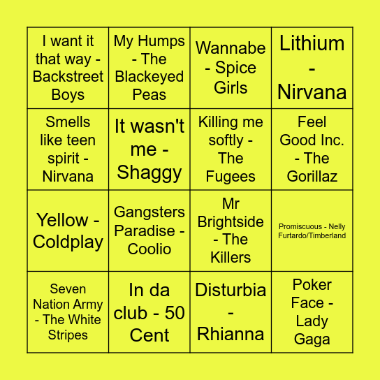 Music for Millennials Bingo Card