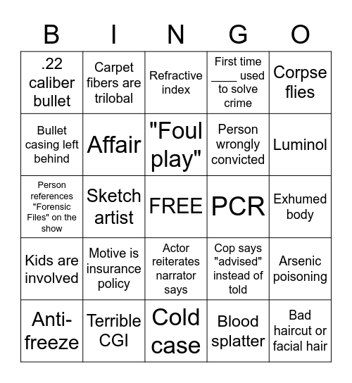 Forensic Files Bingo Card