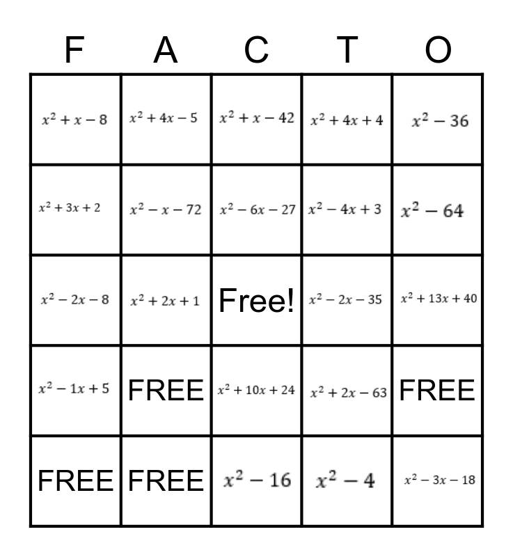 Factor Trinomials into two Binomials Bingo Card