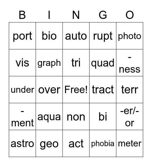 Word Root Bingo Card