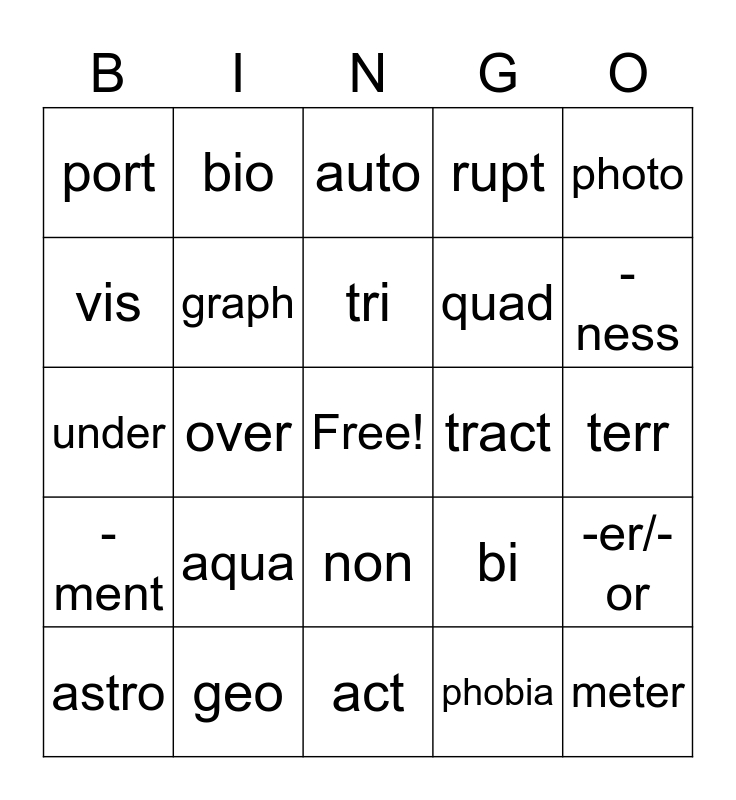 Word Root Bingo Card