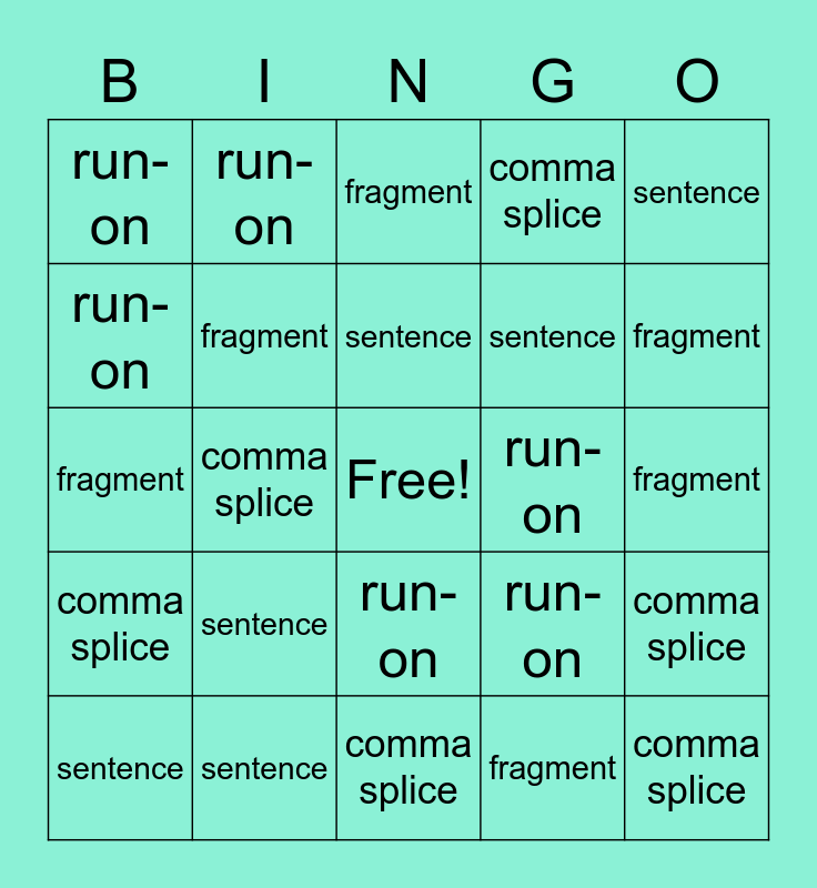 Sentence Error Bingo Card