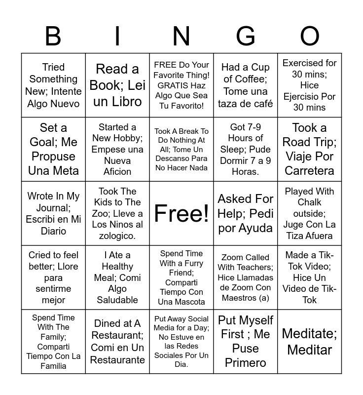 Self-Care/Auto-Cuidado Bingo Card