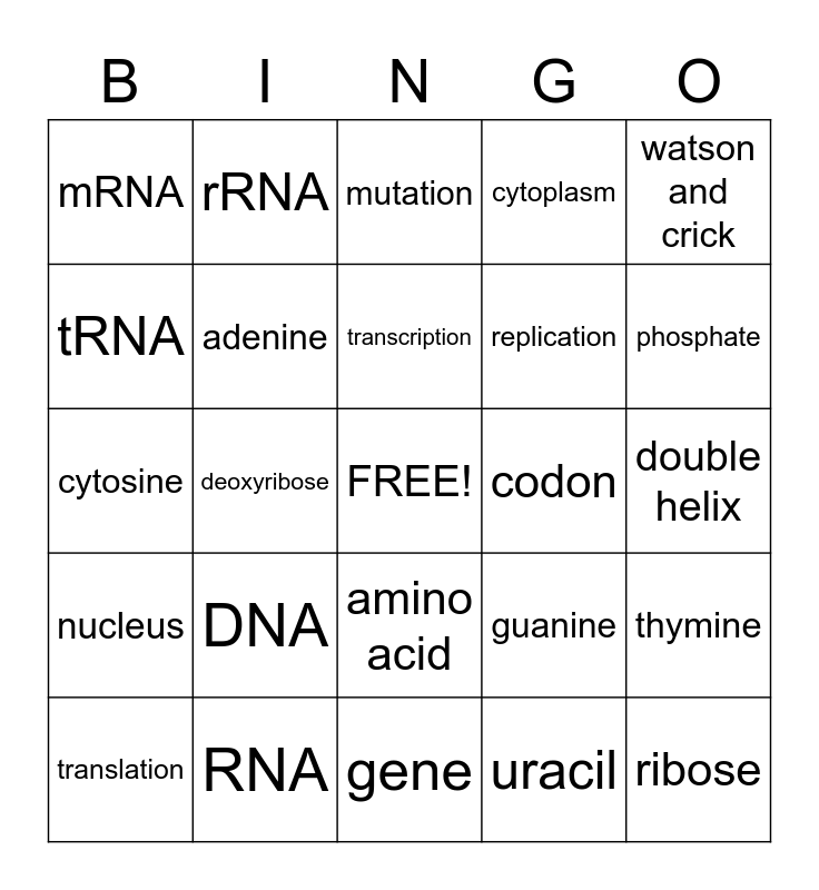 DNA Bingo!!! Bingo Card