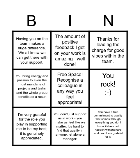 Team Recognition Bingo Card