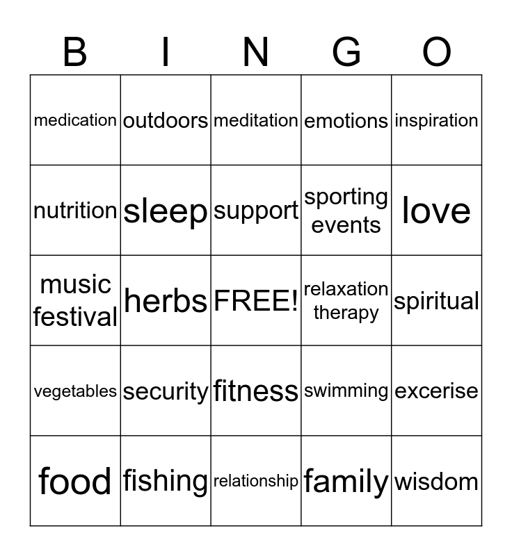 Health and Wellness Bingo Card