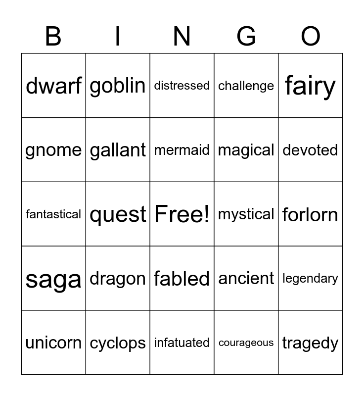 Myths and Legends Bingo Card