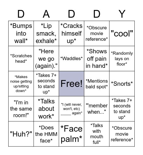 Daddy-ism Bingo Card