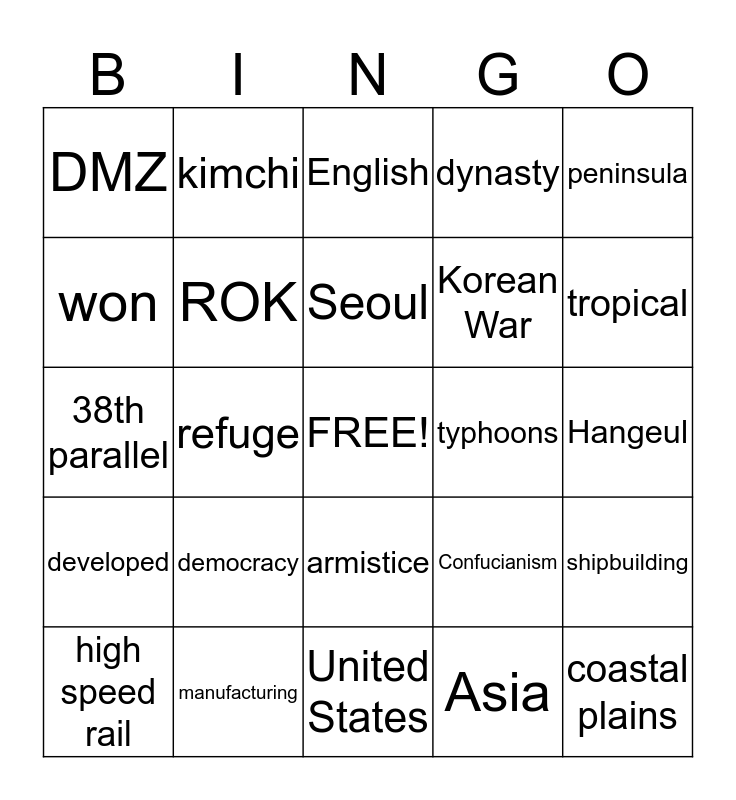 South Korea Bingo Card