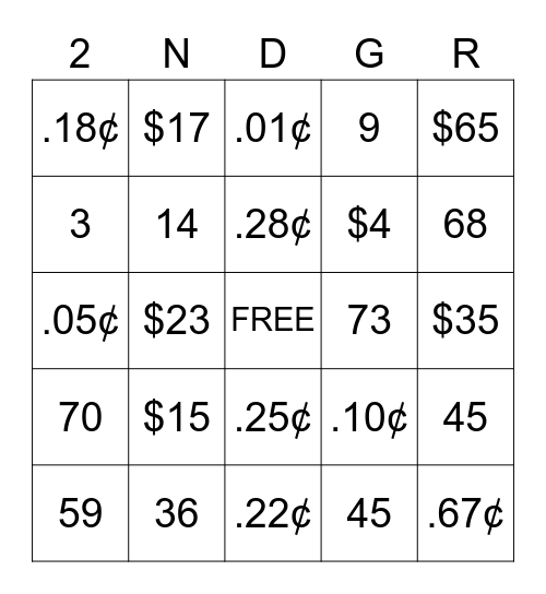 2ND GRADE MATH BINGO Card
