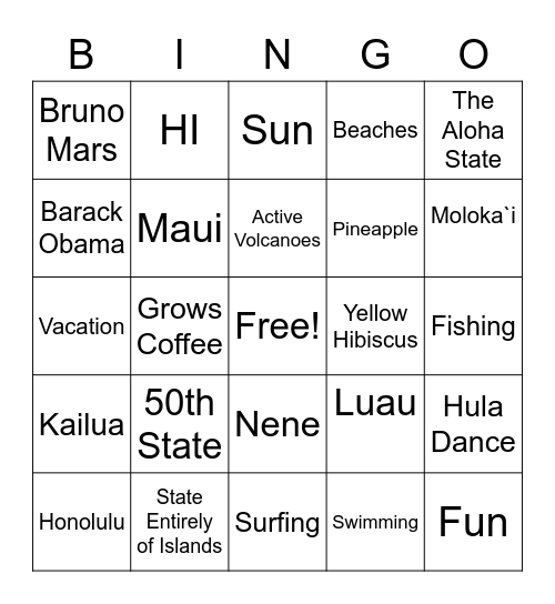 Hawaii Bingo Card