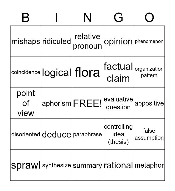 Semester Exam Vocabulary Bingo Card Semester Exam Vocabulary Bingo Card